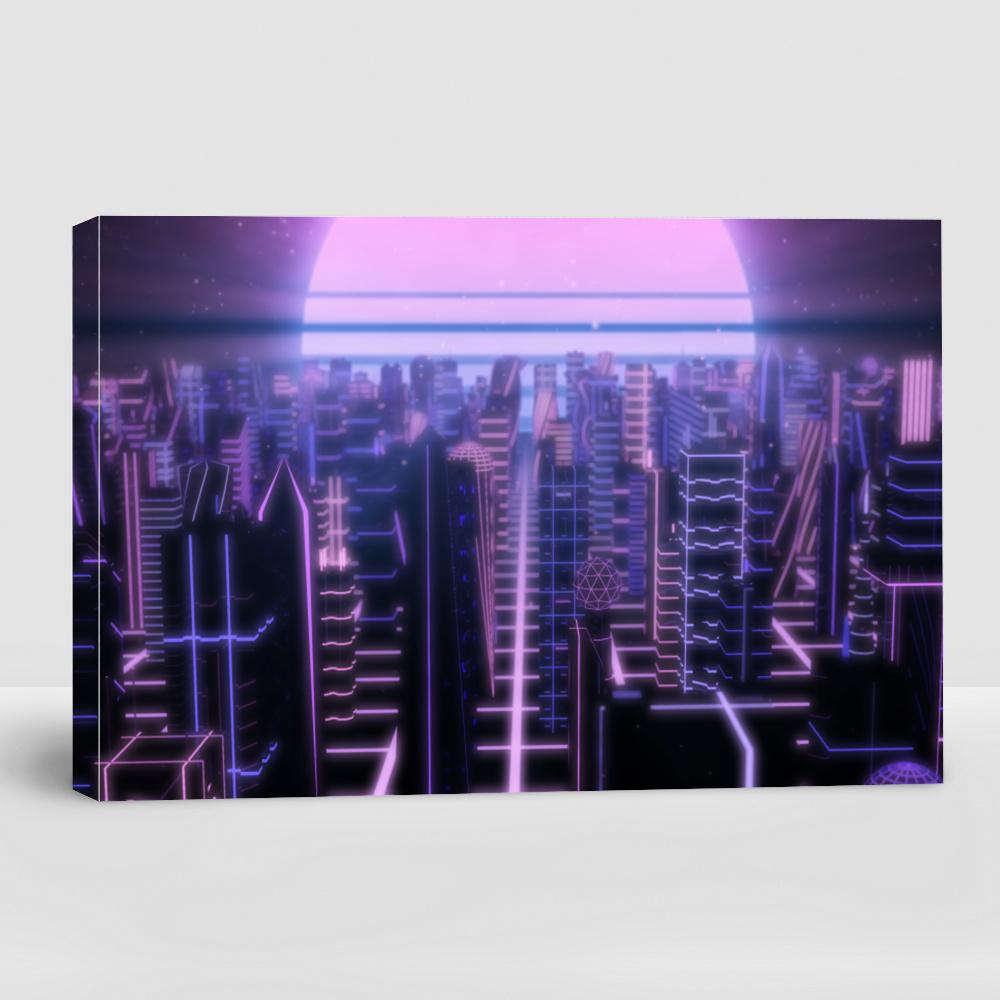 Buy Fly Over Neon City Outrun Synthwave Buildings | eRomman