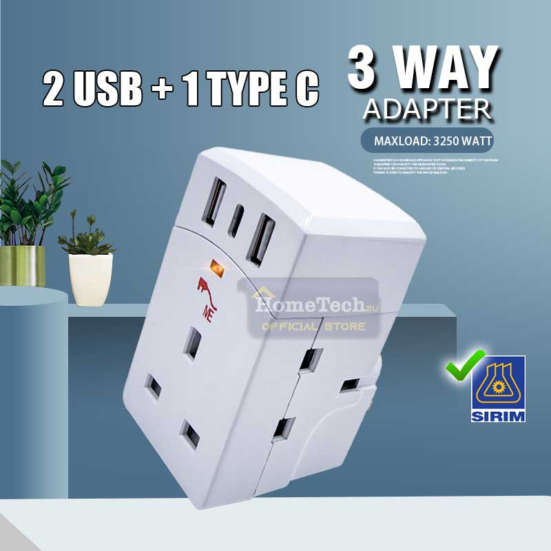 Buy Hometech2u 13A 3 Way Adapter Adaptor Plug with 2 UBS port and 1 Type C Charger Port 5V 3.1A ...