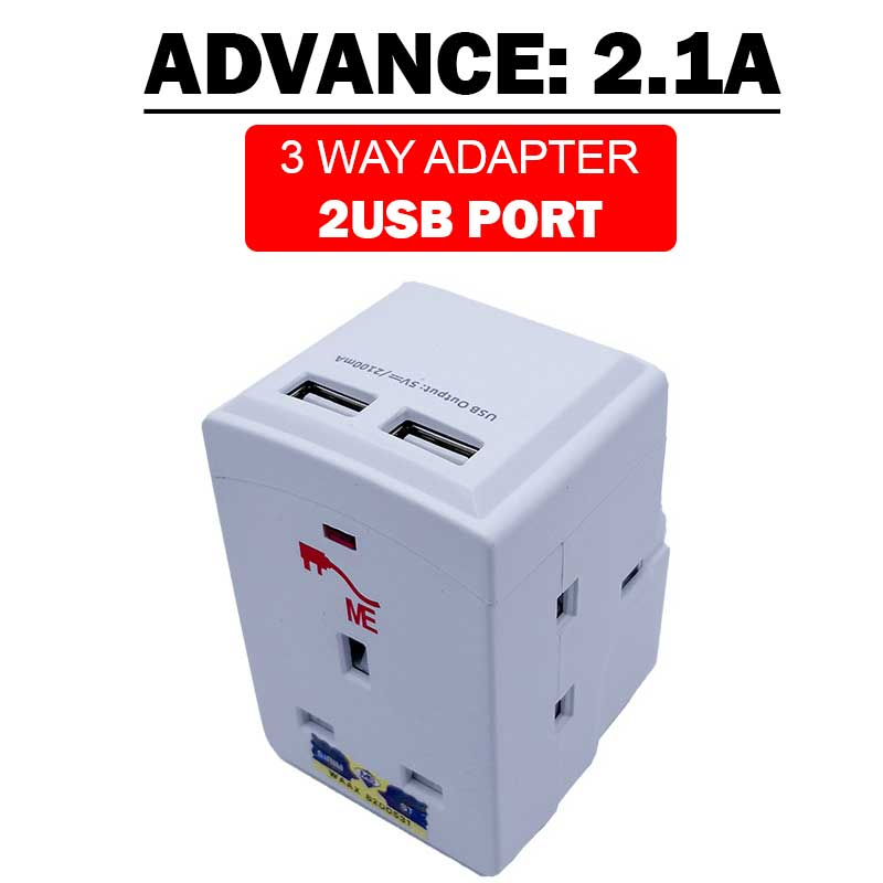 Buy Hometech2u 13A 3 Way Adapter Adaptor Plug with 2 UBS port and 1 ...