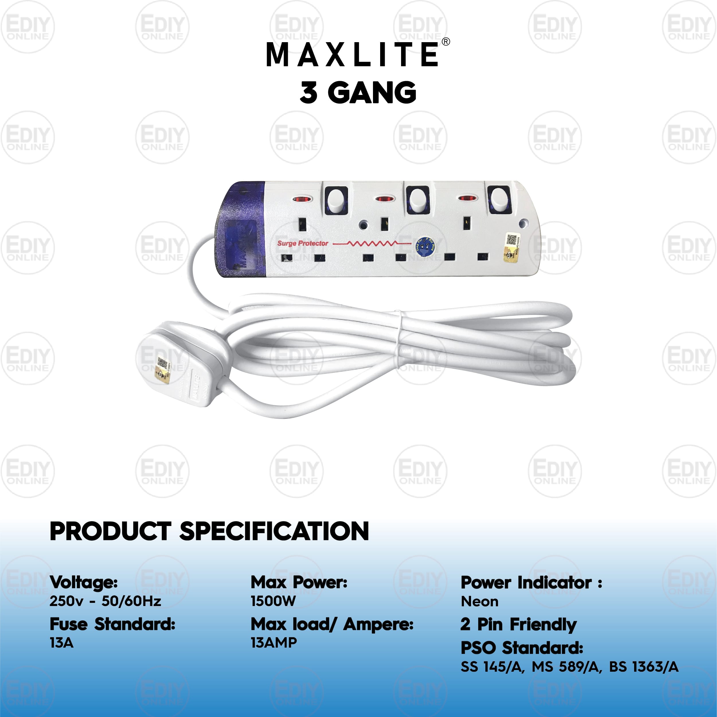 Buy Surge Protection Trailing Socket Extension 3 Gang | eRomman